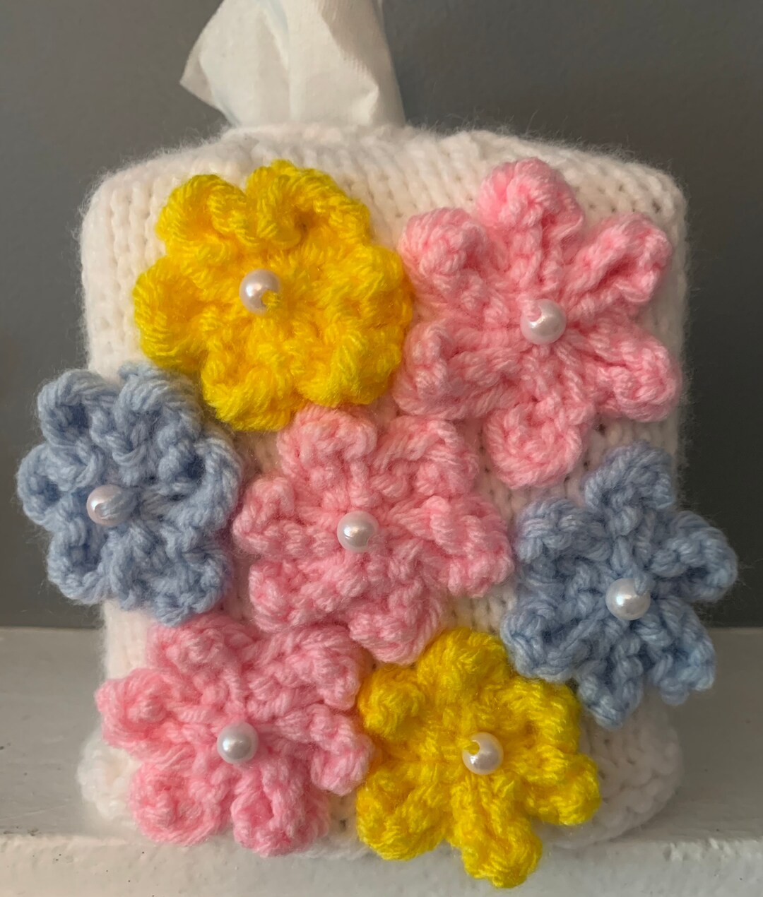 Knit Tissue Box Cover With Pastel Flowers on a White Base Yellow Blue ...