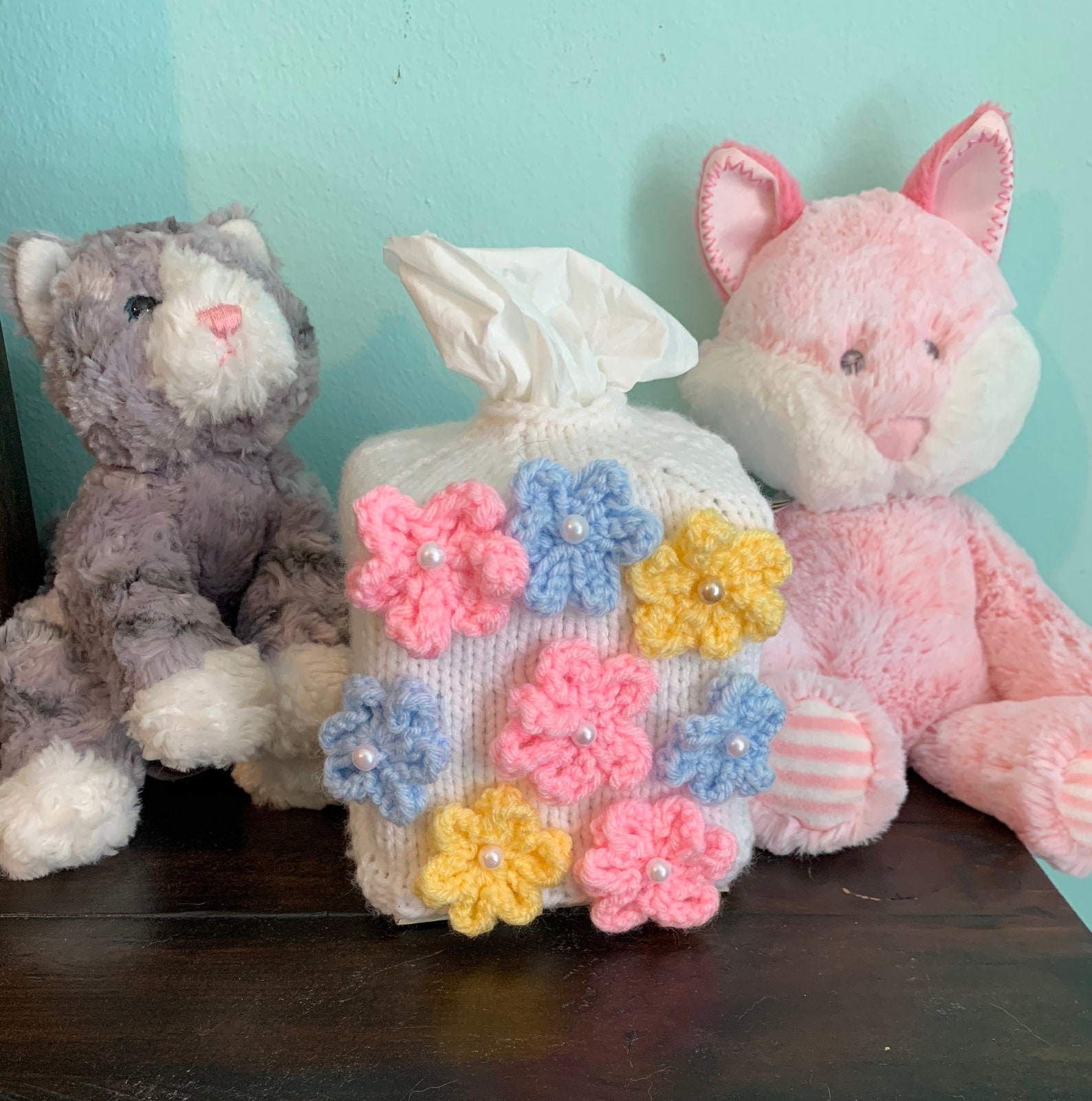 Knit Tissue Box Cover With Pastel Flowers on a White Base - Etsy