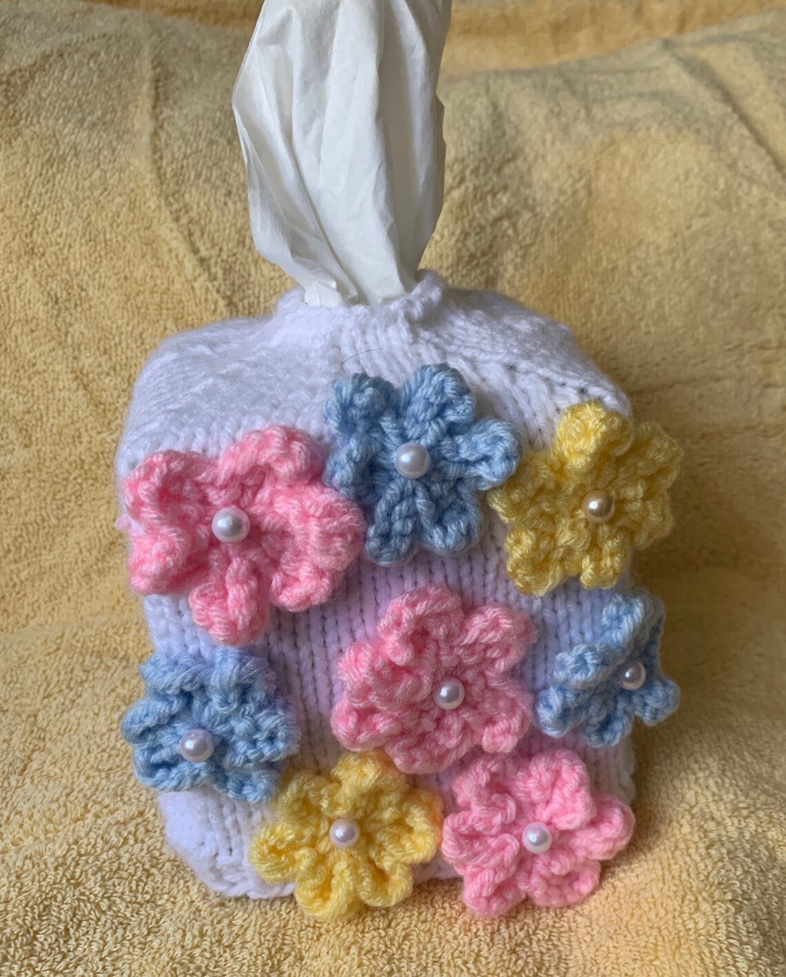 Knit Tissue Box Cover With Pastel Flowers on a White Base - Etsy