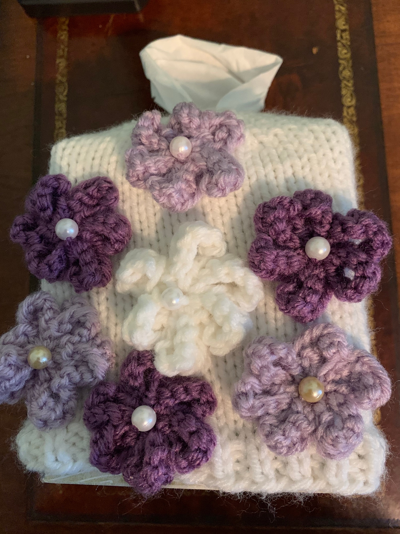 Knit Tissue Box Cover Purple & Lavender Flowers on White Cube Shape - Etsy