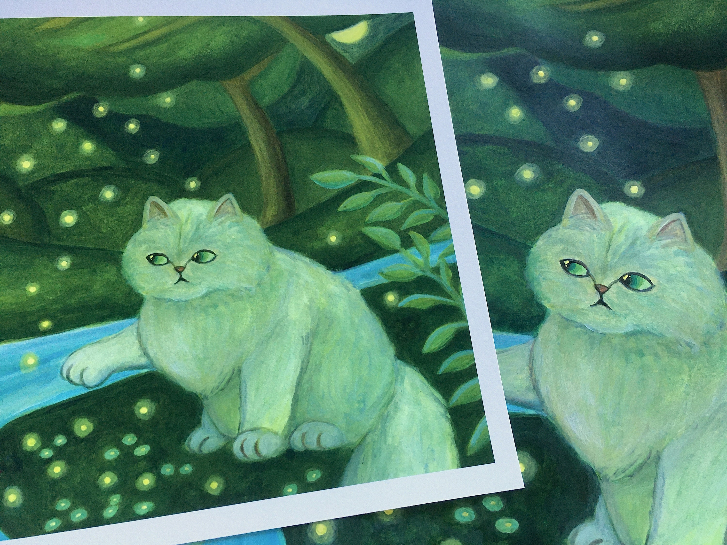 Print Titled 'cat With Fireflies in the Forest' - White Cat Art ...