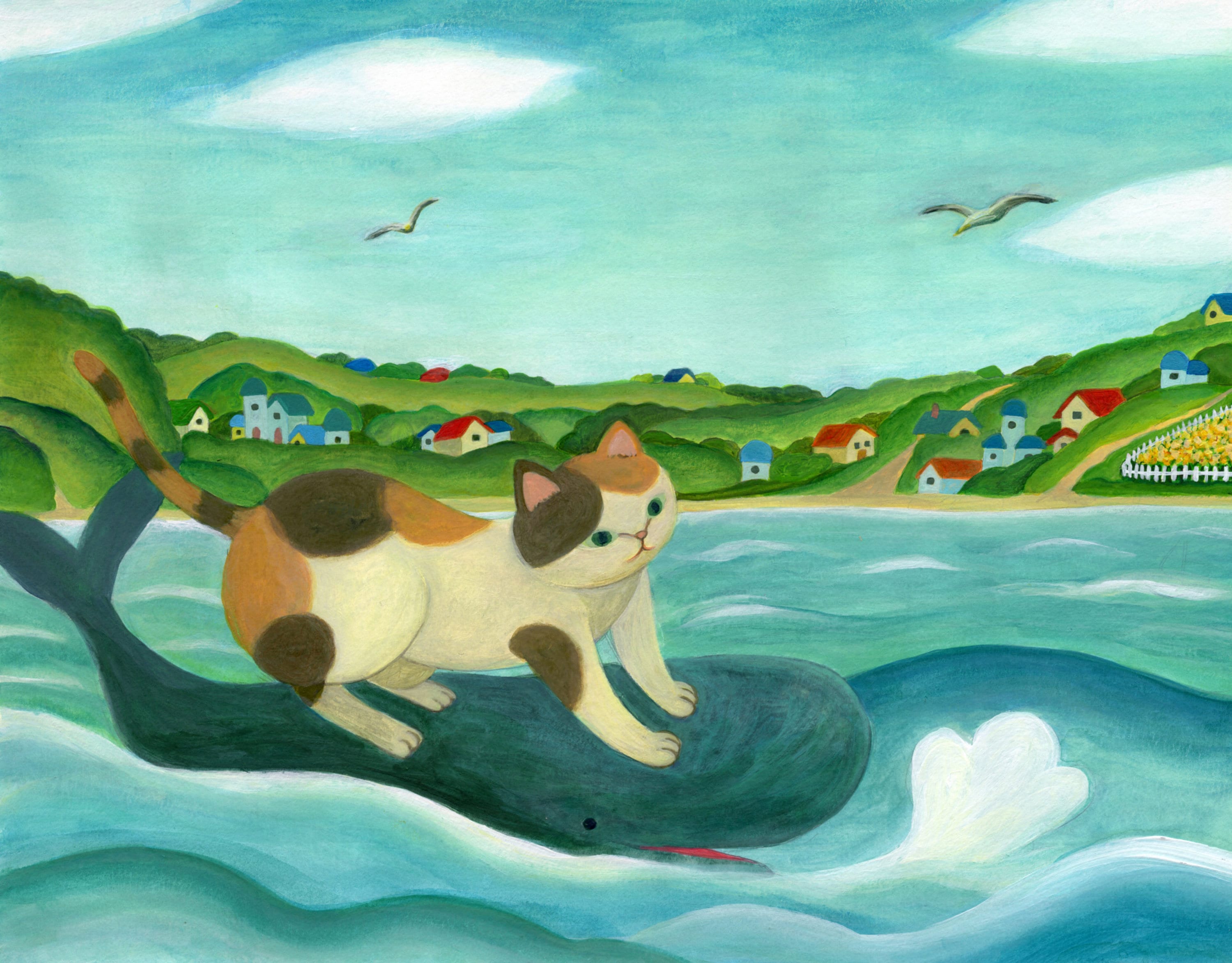 Impresión titulada 'Gato y ballena en verano' | Etsy