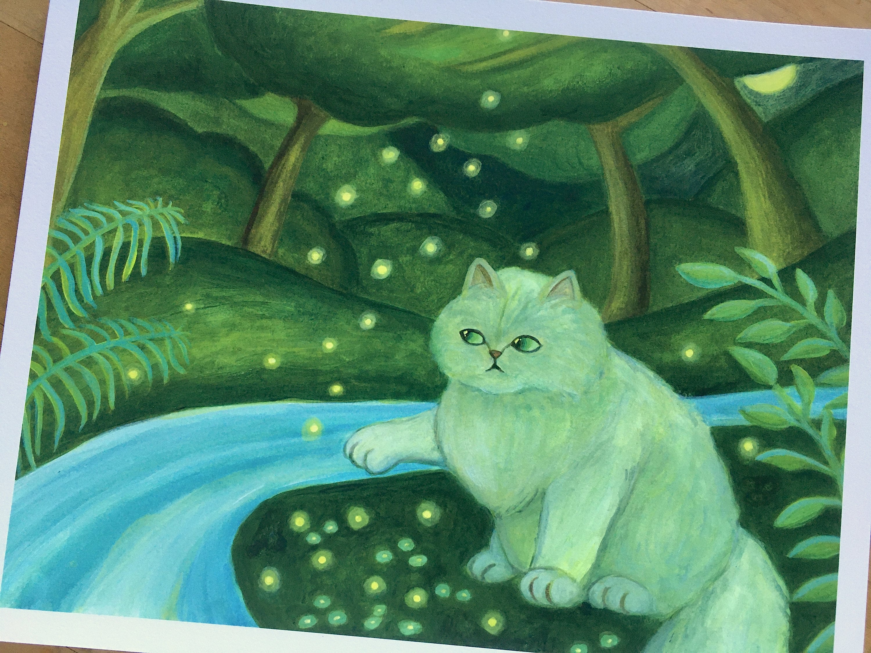 Cat With Fireflies in the Forest - Whimsical Cat Wall Art, Mystical Cat ...
