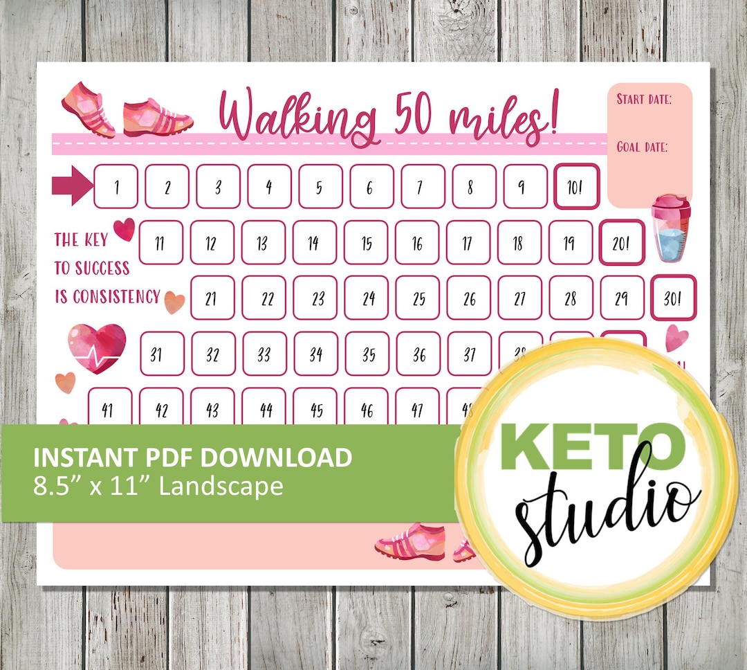 Walking Log, 50 Miles Challenge Tracker Walking, Running Pink ...