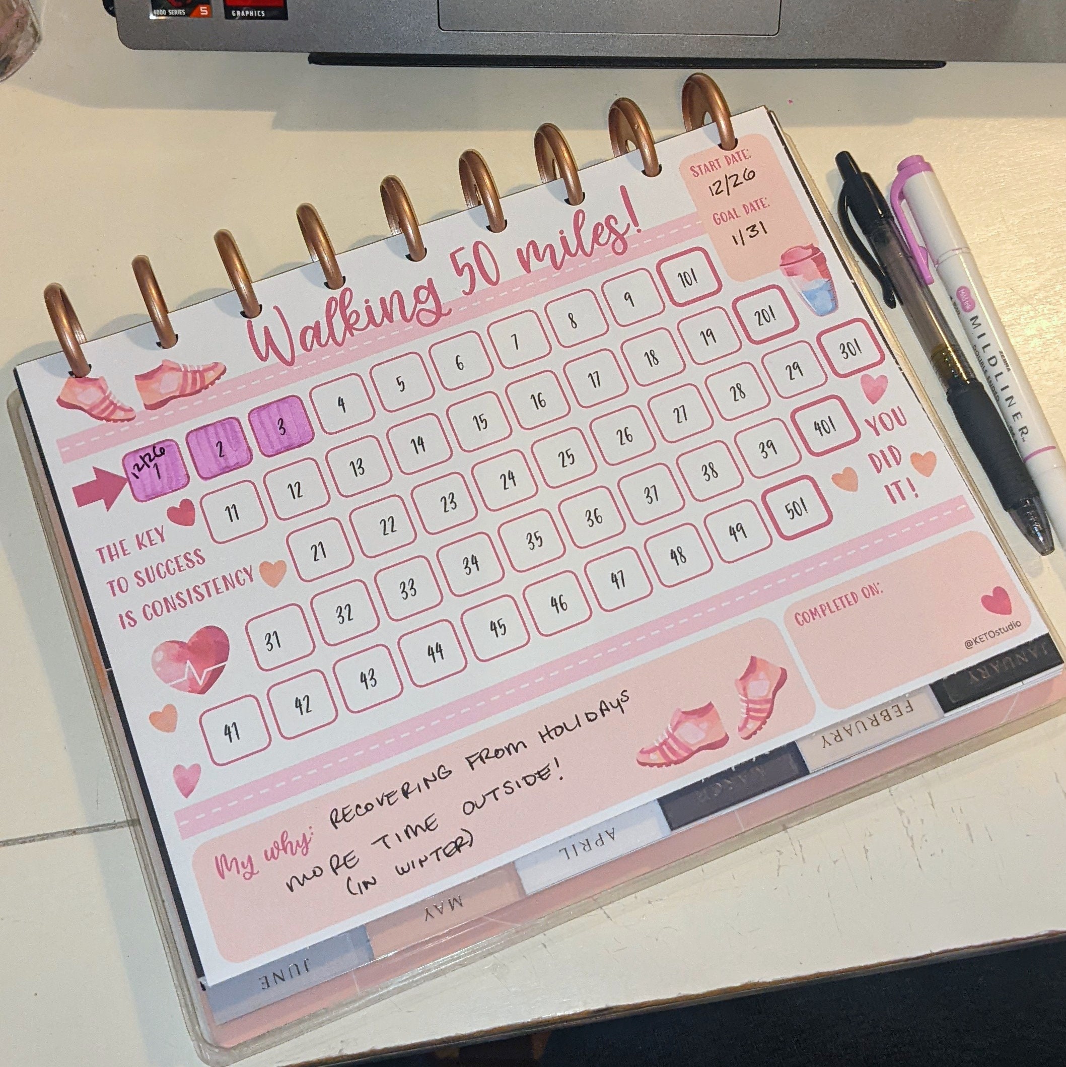 Walking Log, 50 Miles Challenge Tracker Walking, Running Pink ...