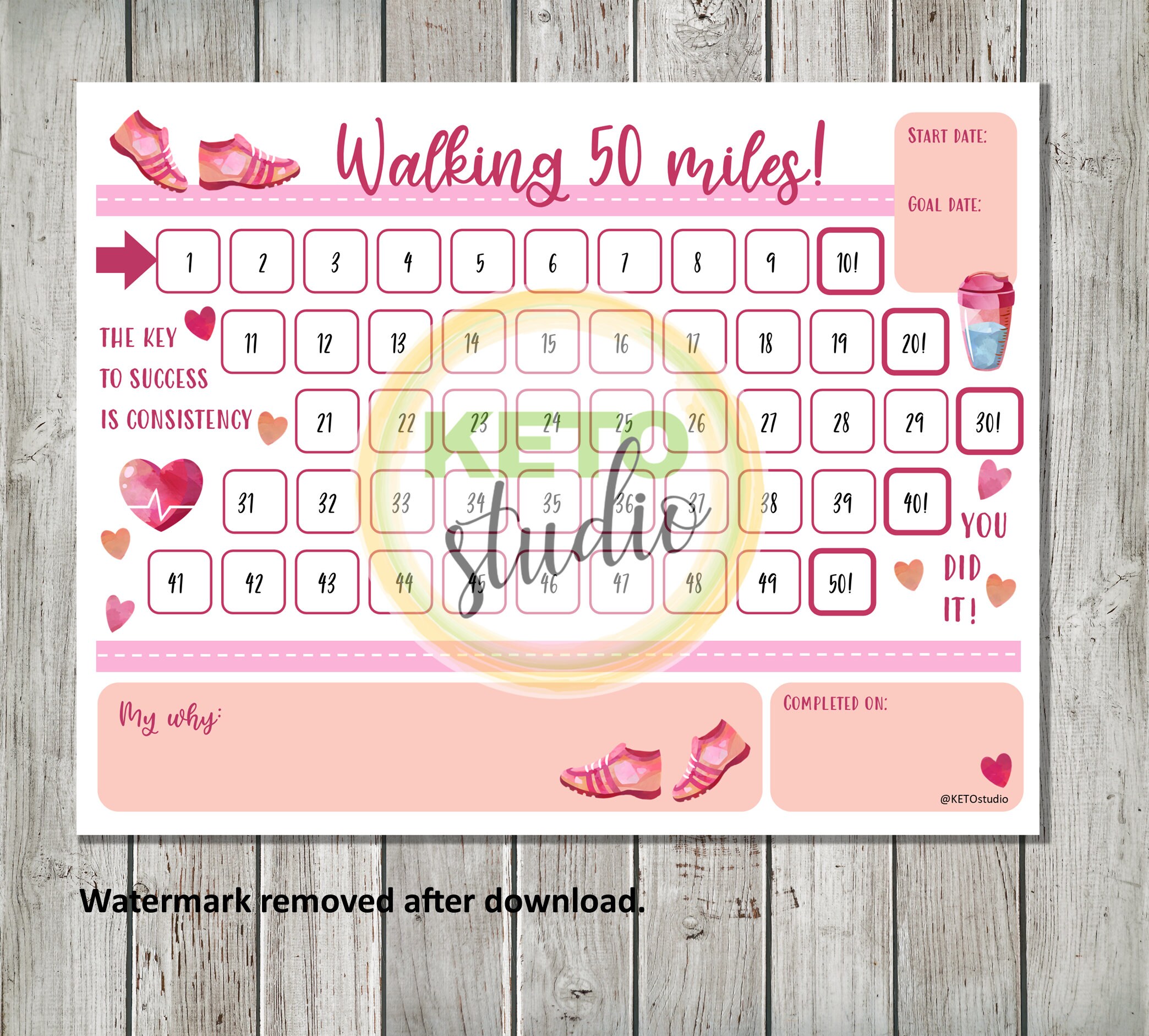 Walking Log, 50 Miles Challenge Tracker Walking, Running Pink ...