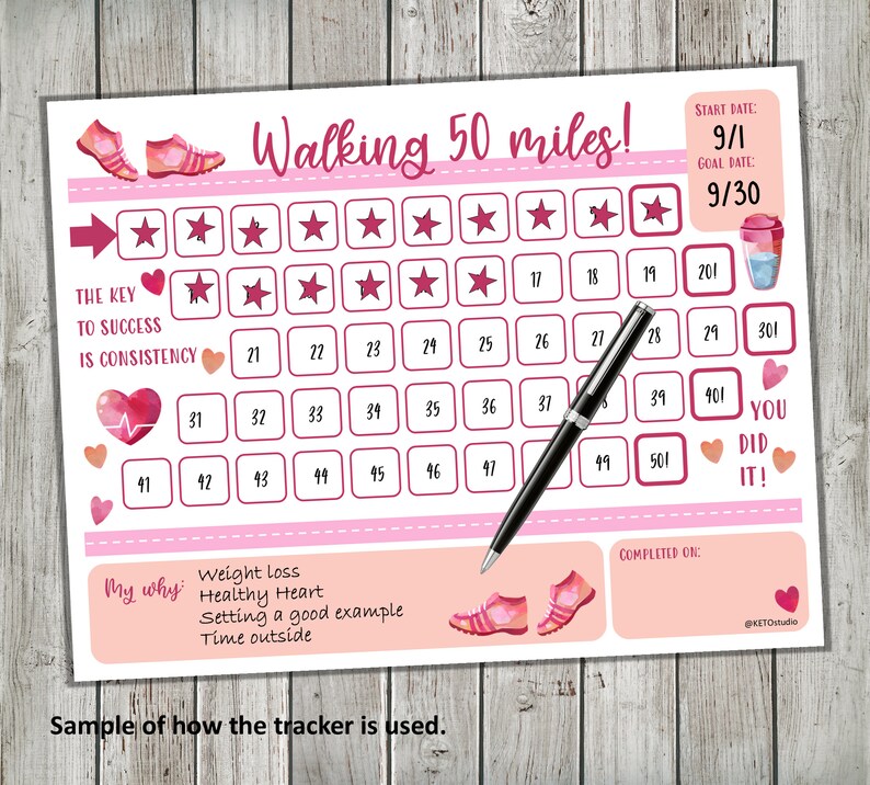 Walking Log, 50 Miles Challenge Tracker Walking, Running Pink ...