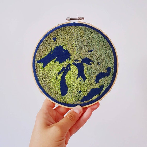 Custom Satellite View Embroidery Map Island Great Lakes | Etsy