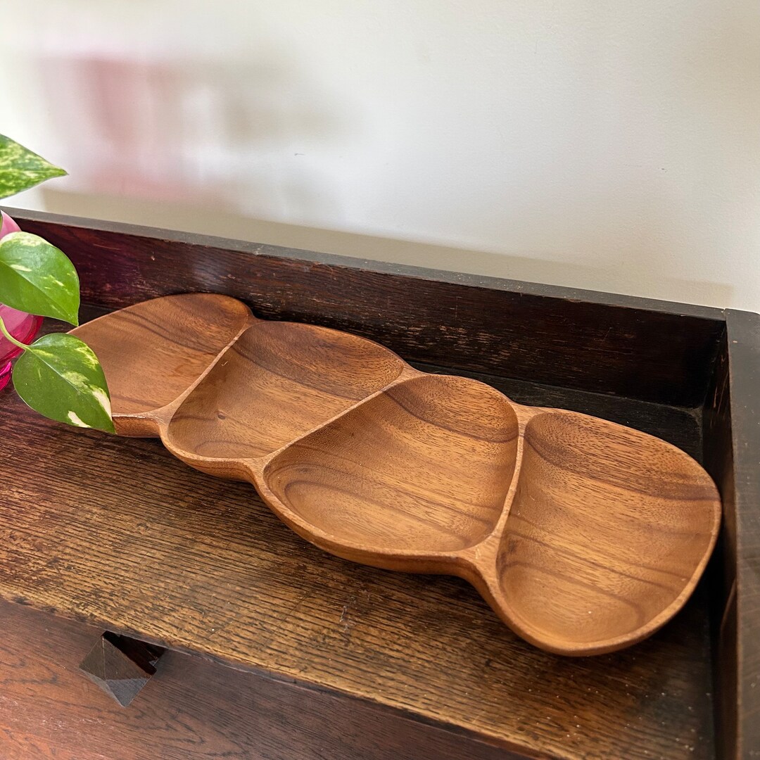 Funky Shaped Vintage Wooden Monkey Pod Sectioned Tray Retro Tiki Boho ...
