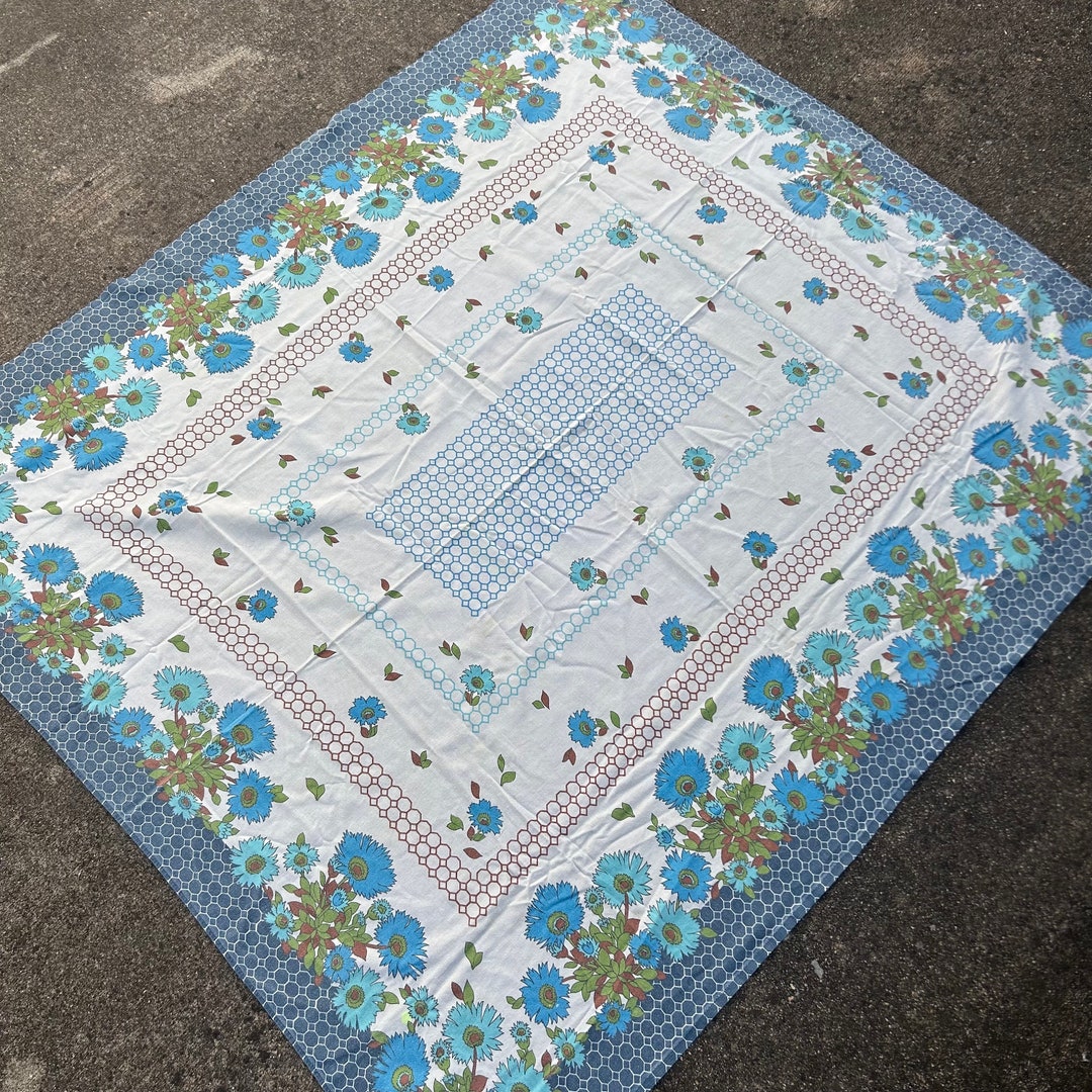 Vintage Flower Power Table Cloth 60's 70's Blue Brown & Olive Green ...