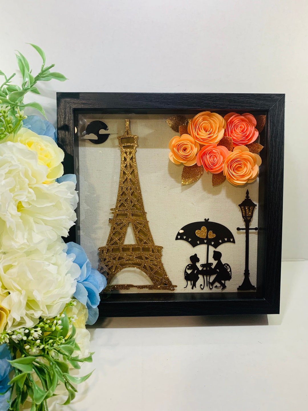 Customized Shadow Box Wood Frame Paris Shadow Box Rolled Paper Flower ...