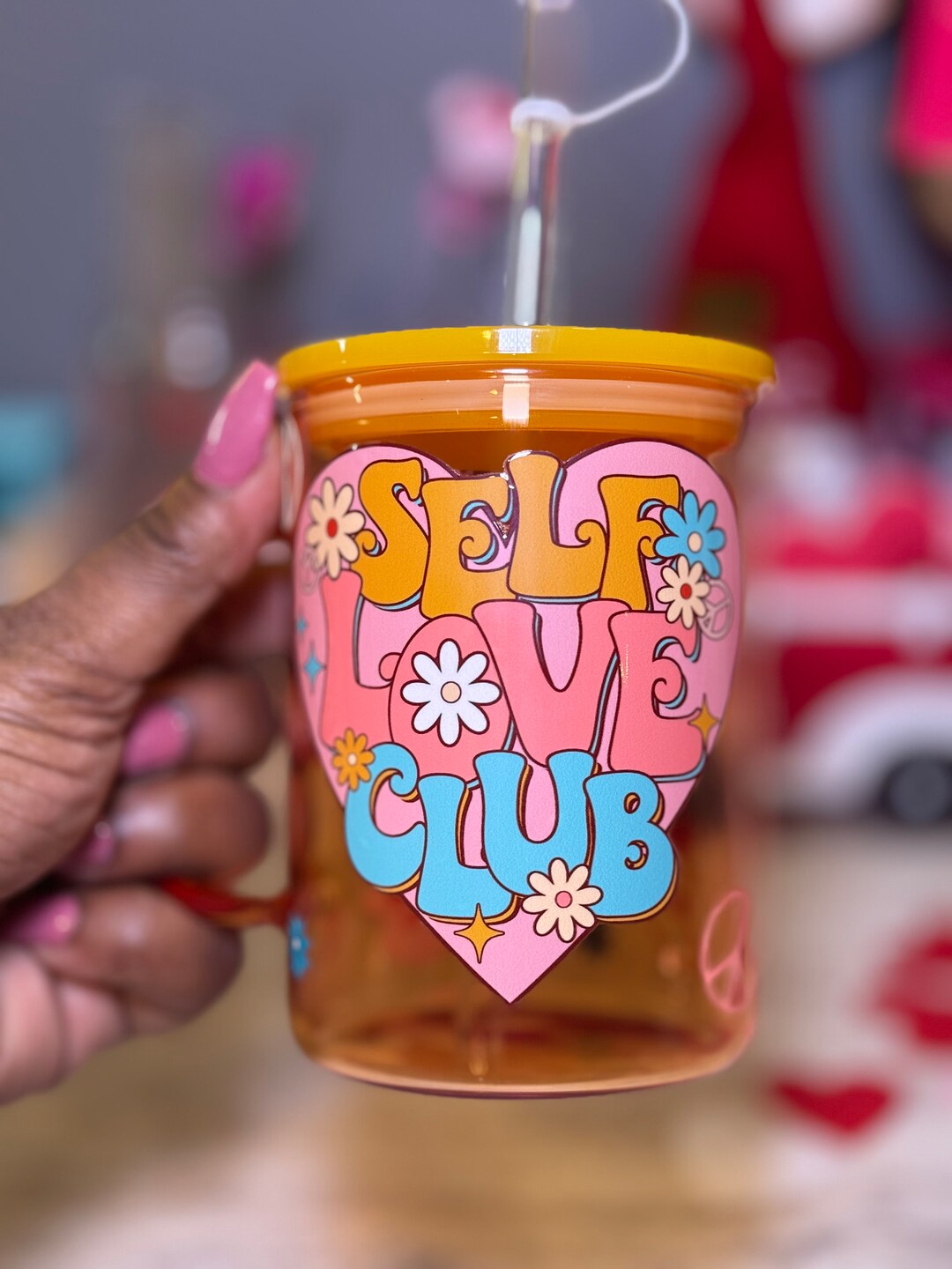Self Love Coffee Mug: Yellow Jelly Glass With Straw - Etsy