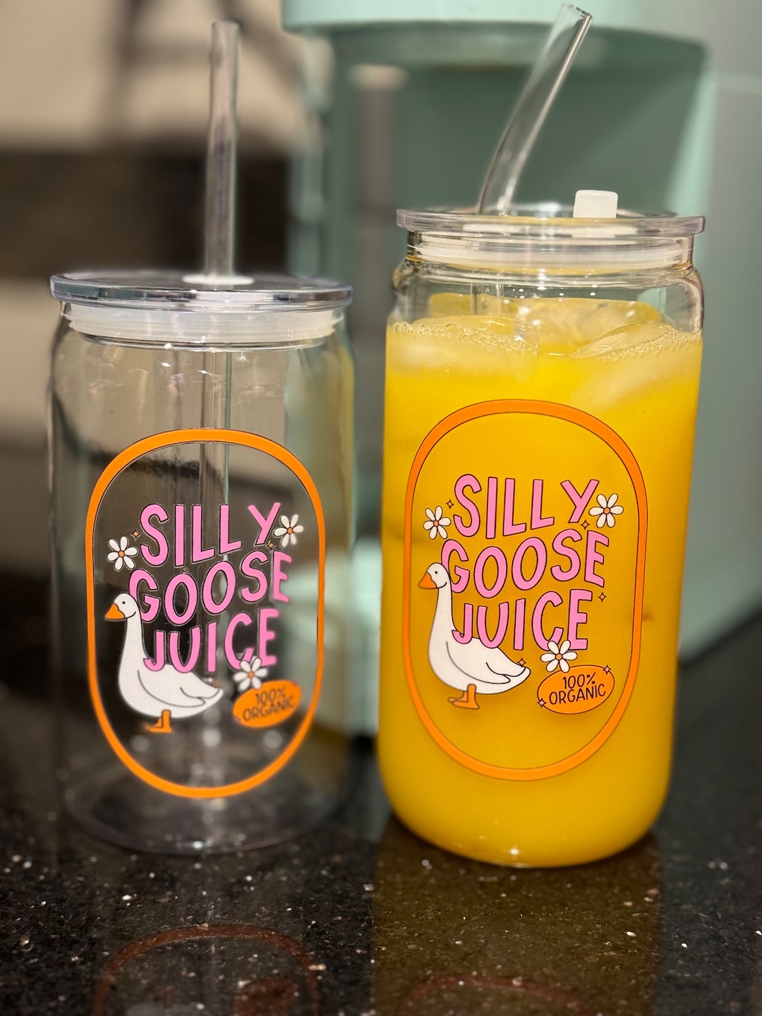 Silly Goose Juice Cup Set: Glass and Acrylic With Lid & Straw - Etsy