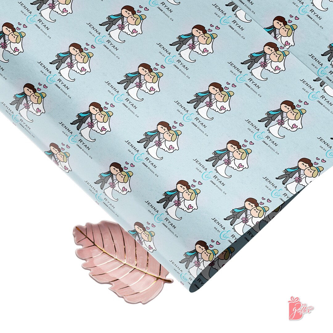 Couple Cartoon Blue Wedding Wrapping Paper Roll, Custom Gift Wrap ...