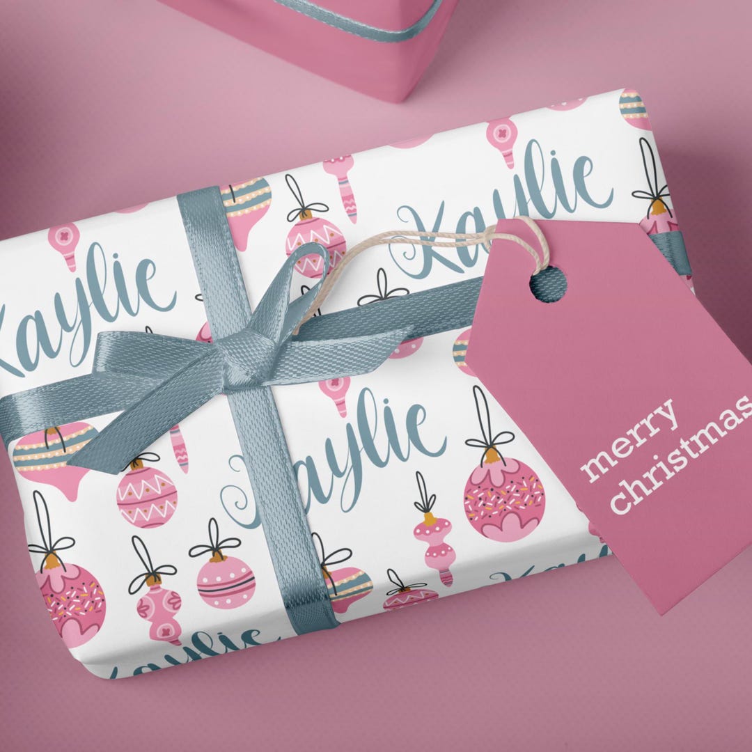 Personalized Name Christmas Gift Wrap Pink Ornament Holiday Wrap for ...