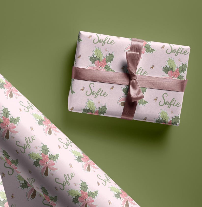 Personalized Holly Gift Wrap: Pink Christmas Holiday Wrapping Paper ...
