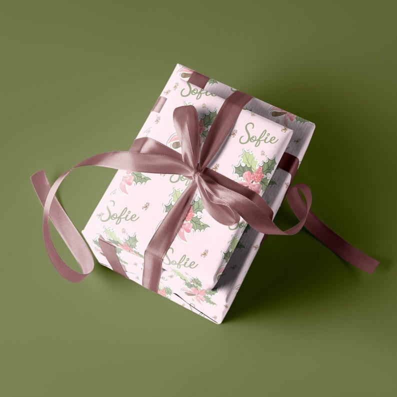Personalized Holly Gift Wrap: Pink Christmas Holiday Wrapping Paper ...
