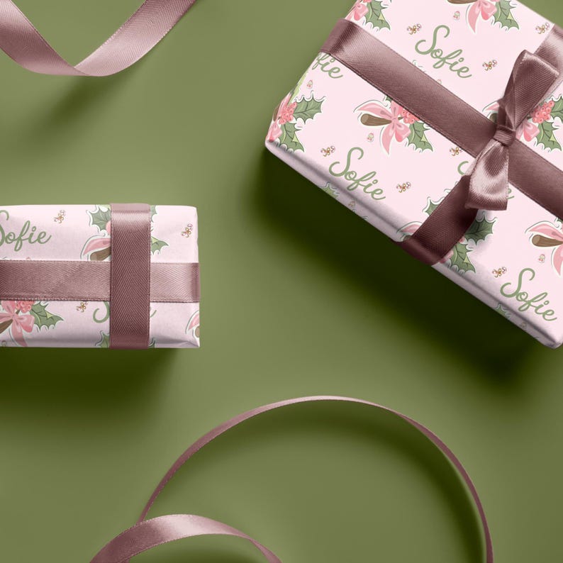 Personalized Holly Gift Wrap: Pink Christmas Holiday Wrapping Paper ...