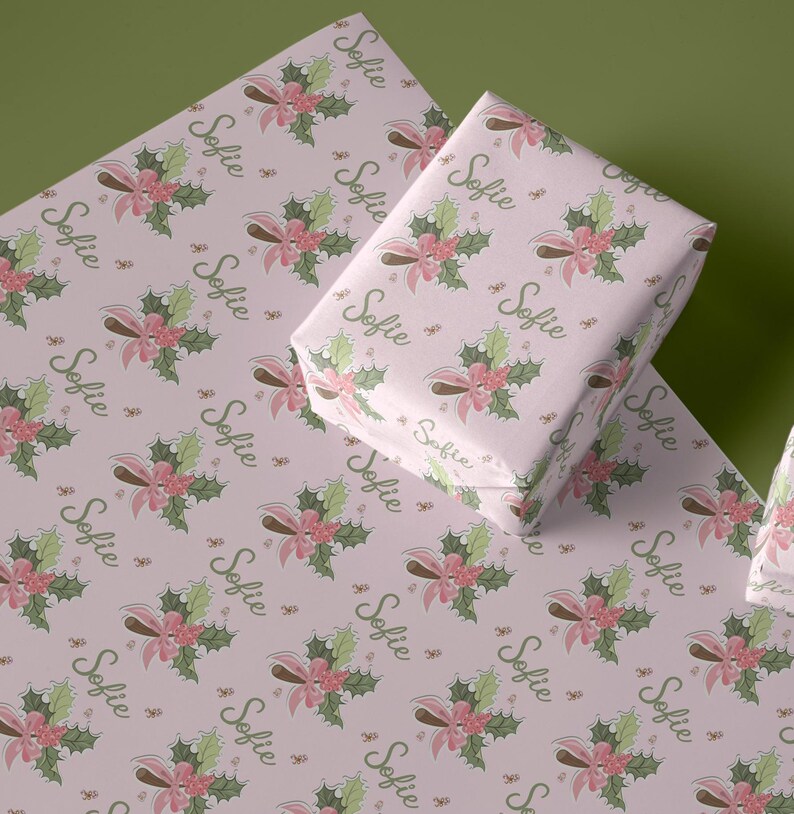 Personalized Holly Gift Wrap: Pink Christmas Holiday Wrapping Paper ...