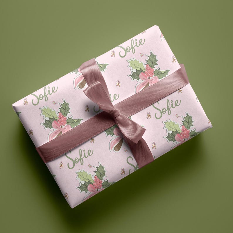 Personalized Holly Gift Wrap: Pink Christmas Holiday Wrapping Paper ...