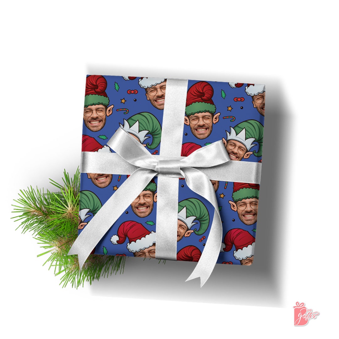 Funny Christmas Face on Gift Wrap, Fun Xmas Green Elf Hat Red Santa Hat ...