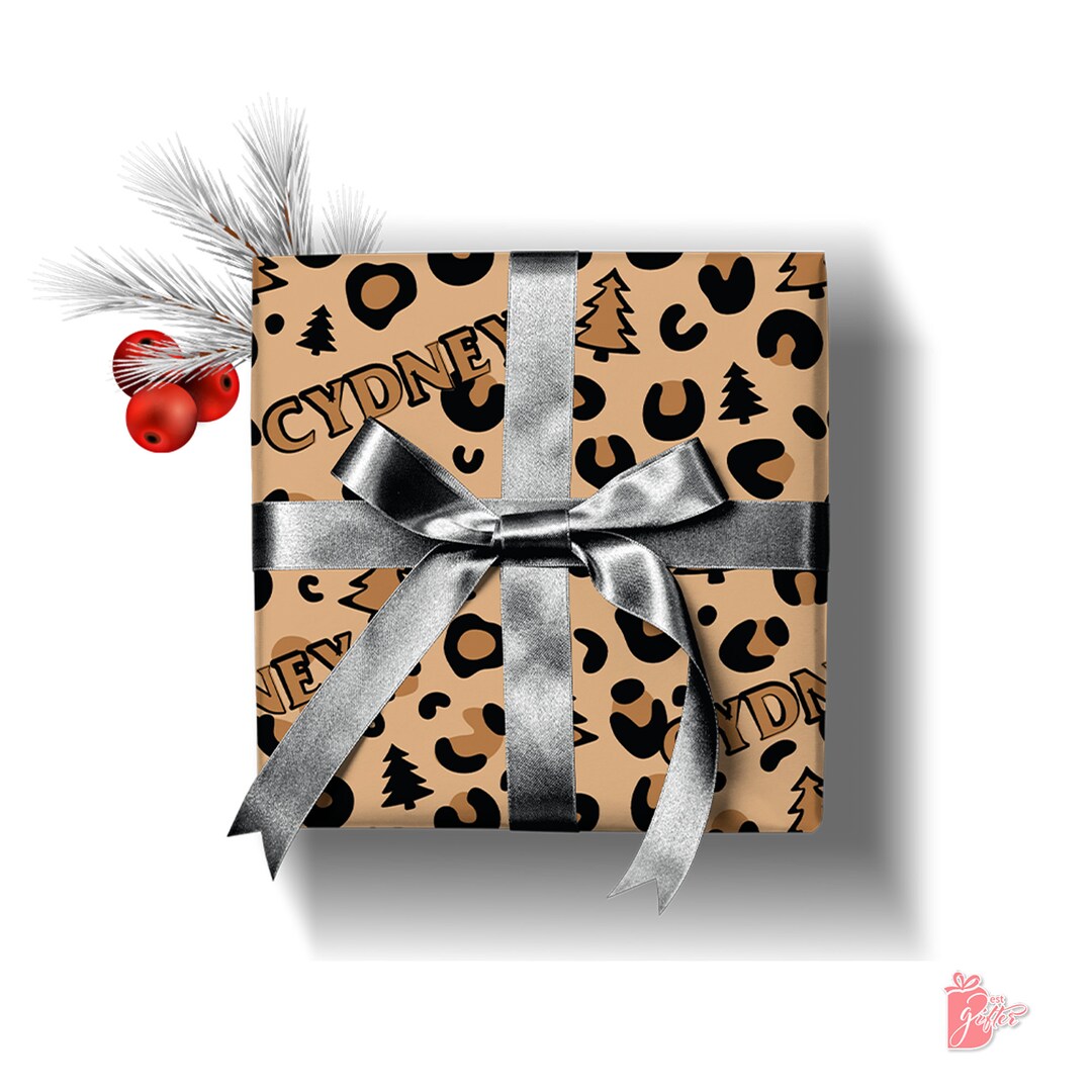 Animal Print Christmas Gift Wrap, Custom Name Leopard Holiday Gift ...