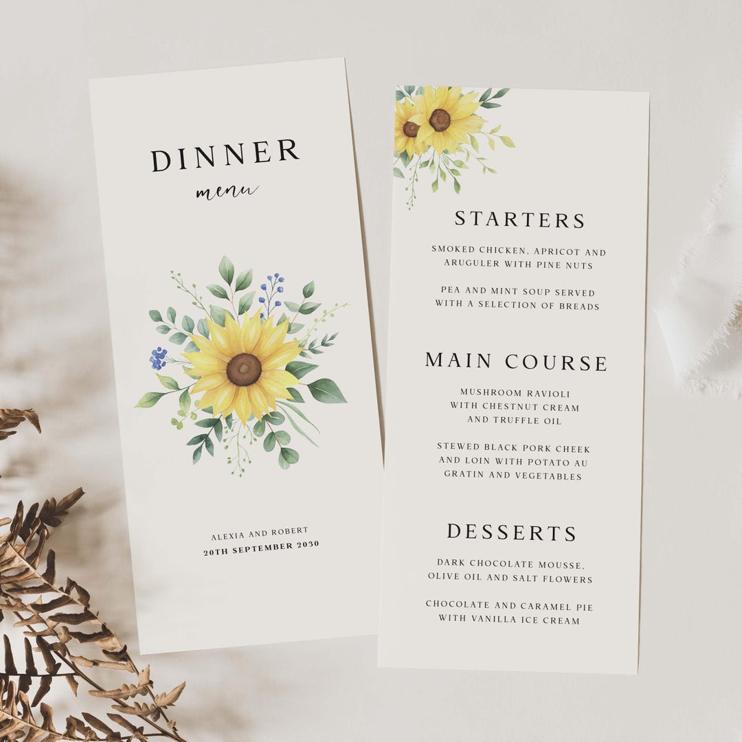 Personalised Sunflower Wedding Menu Card, Printed Yellow Floral Table ...