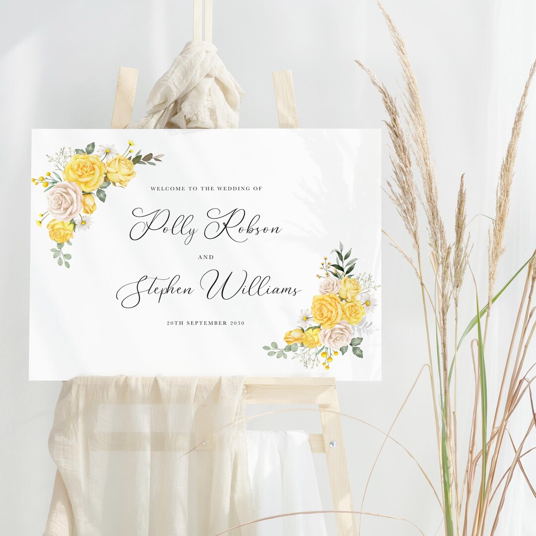 Yellow Rose Wedding Welcome Sign, Floral Wedding Sign, Welcome to Our ...