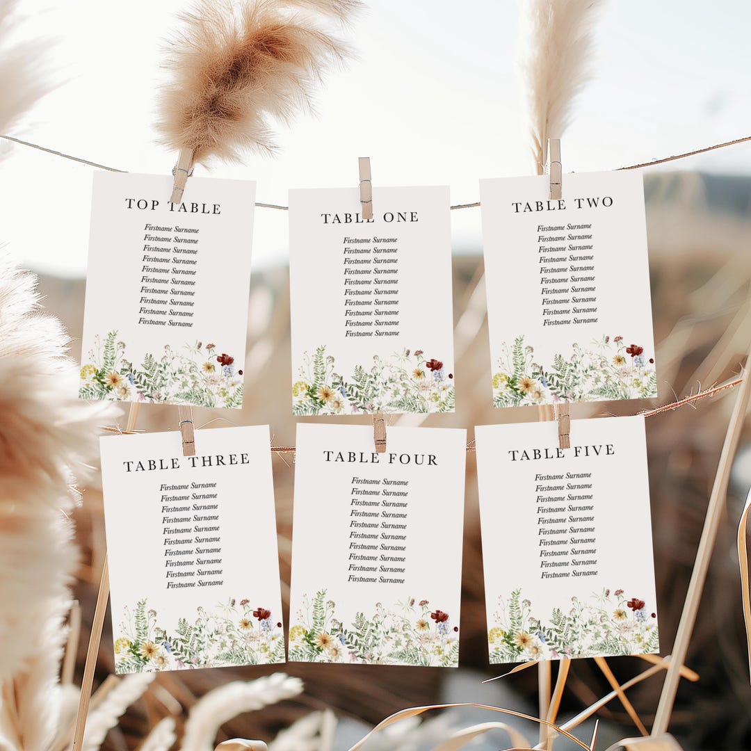 Wildflower Seating Plan Cards, Wedding Table Plan Cards, Wedding ...