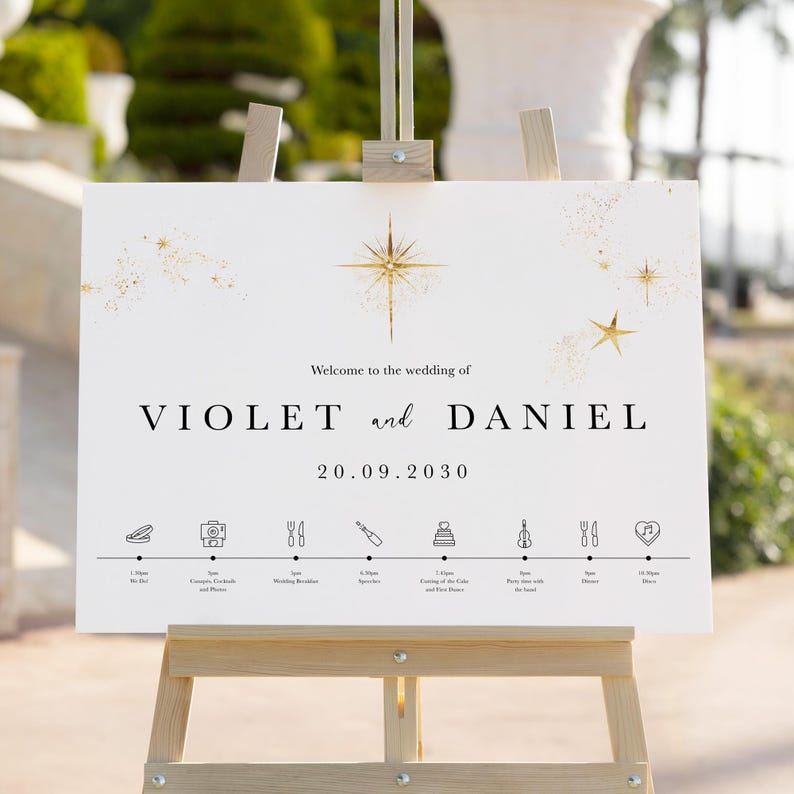 Printed Gold Star Wedding Welcome Sign, Personalised Star Wedding Order ...