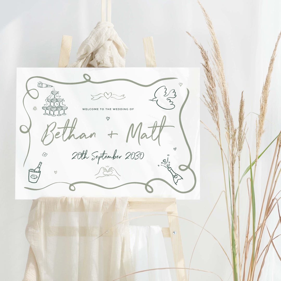 Green Wedding Welcome Sign, Hand Drawn Wedding Sign, Welcome to Our ...