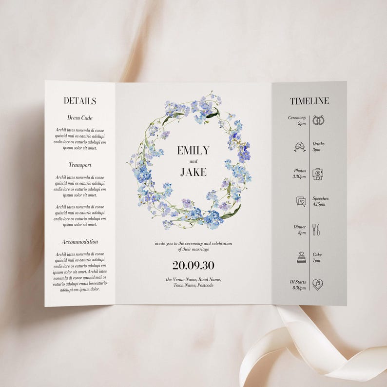 Dusty Blue Floral Gatefold Wedding Invitation, Botanical Blue Wedding ...