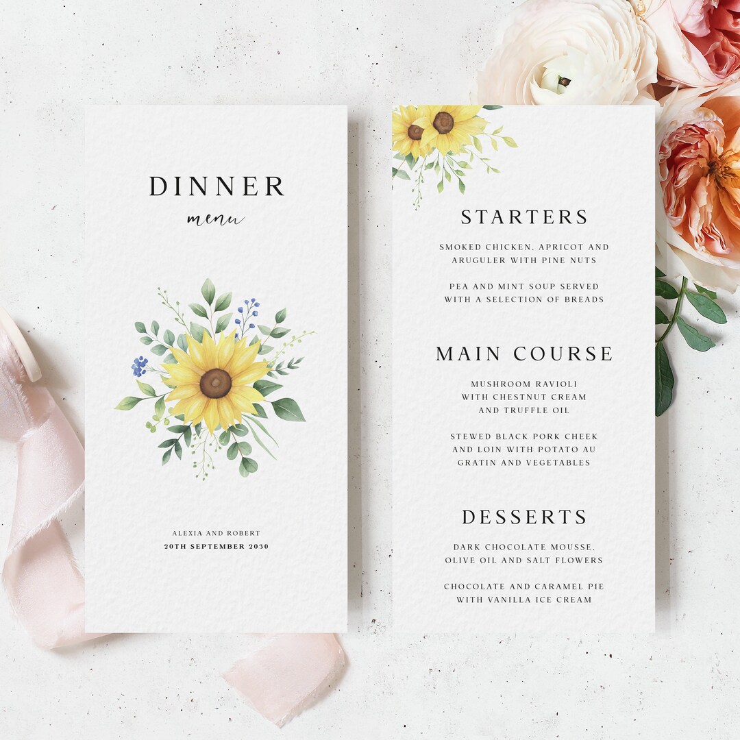 Sunflower Wedding Menu Yellow Wedding Dinner Menu Floral - Etsy
