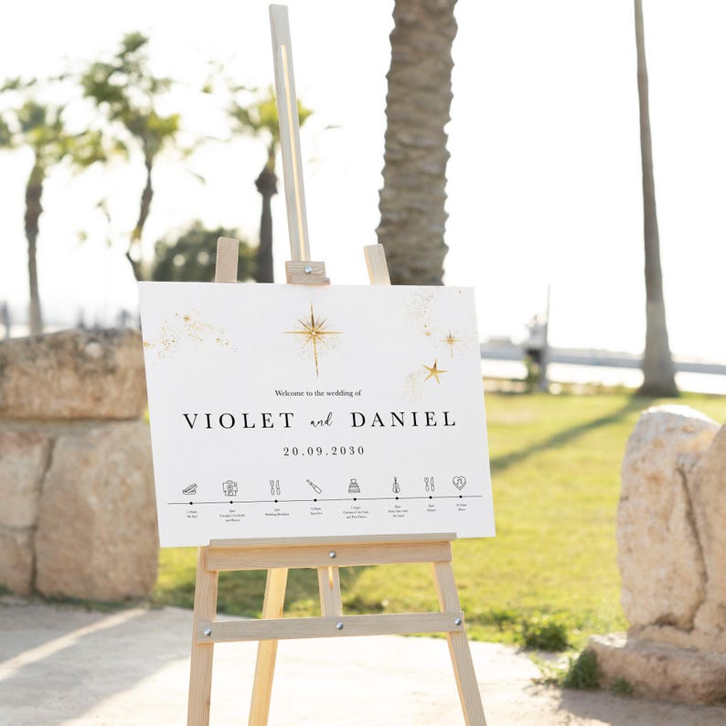 Printed Gold Star Wedding Welcome Sign, Personalised Star Wedding Order ...