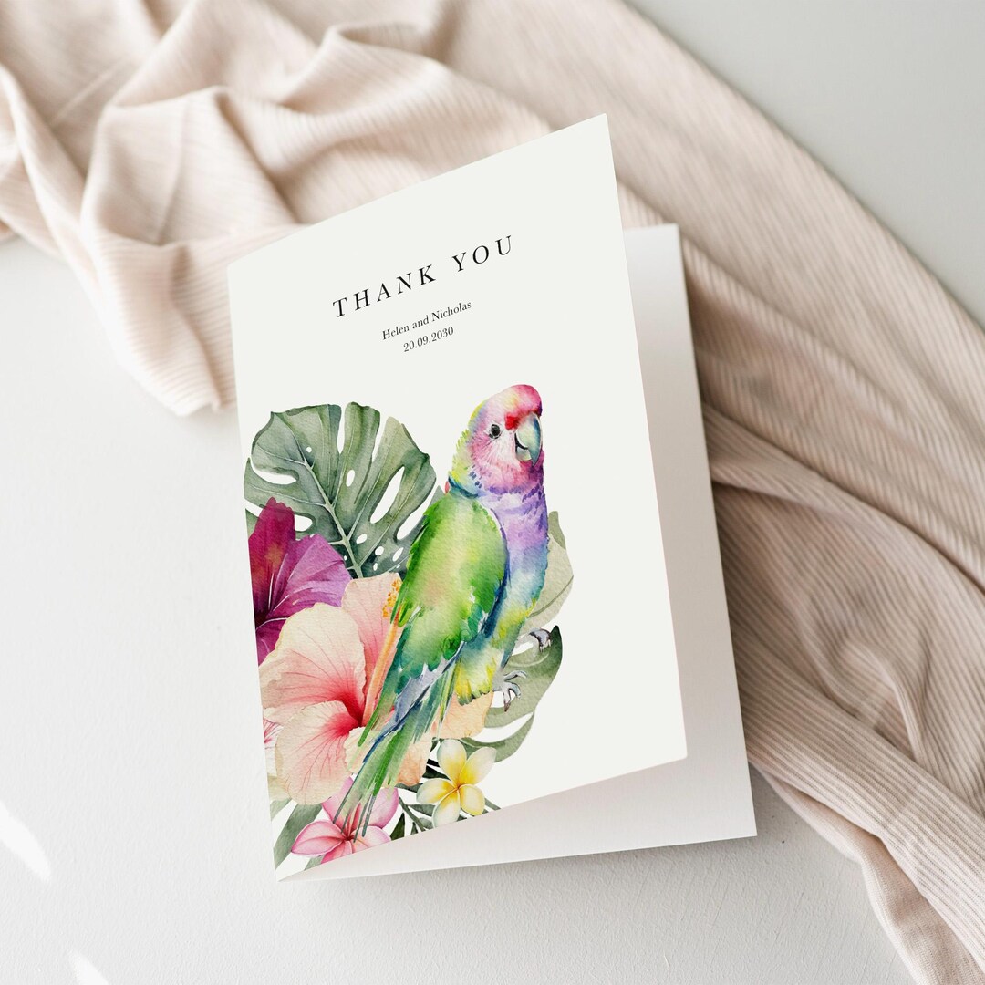 Personalised Tropical Parrot Wedding Thank You Card, Printed Jungle ...
