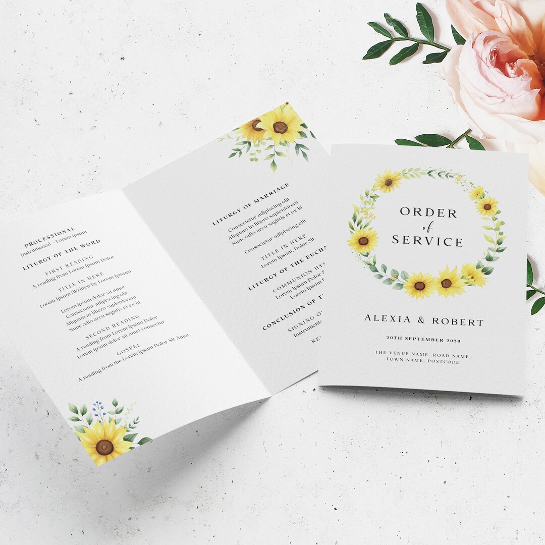 Sunflower Wedding Order of Service, Yellow Order of Service Booklet ...