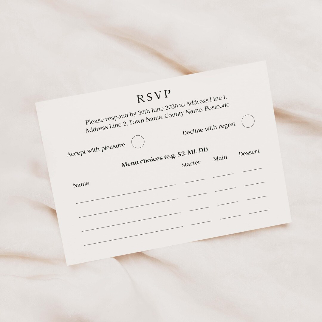 Wedding Menu Choice RSVP Card, Meal Selection Response Suite, Custom ...
