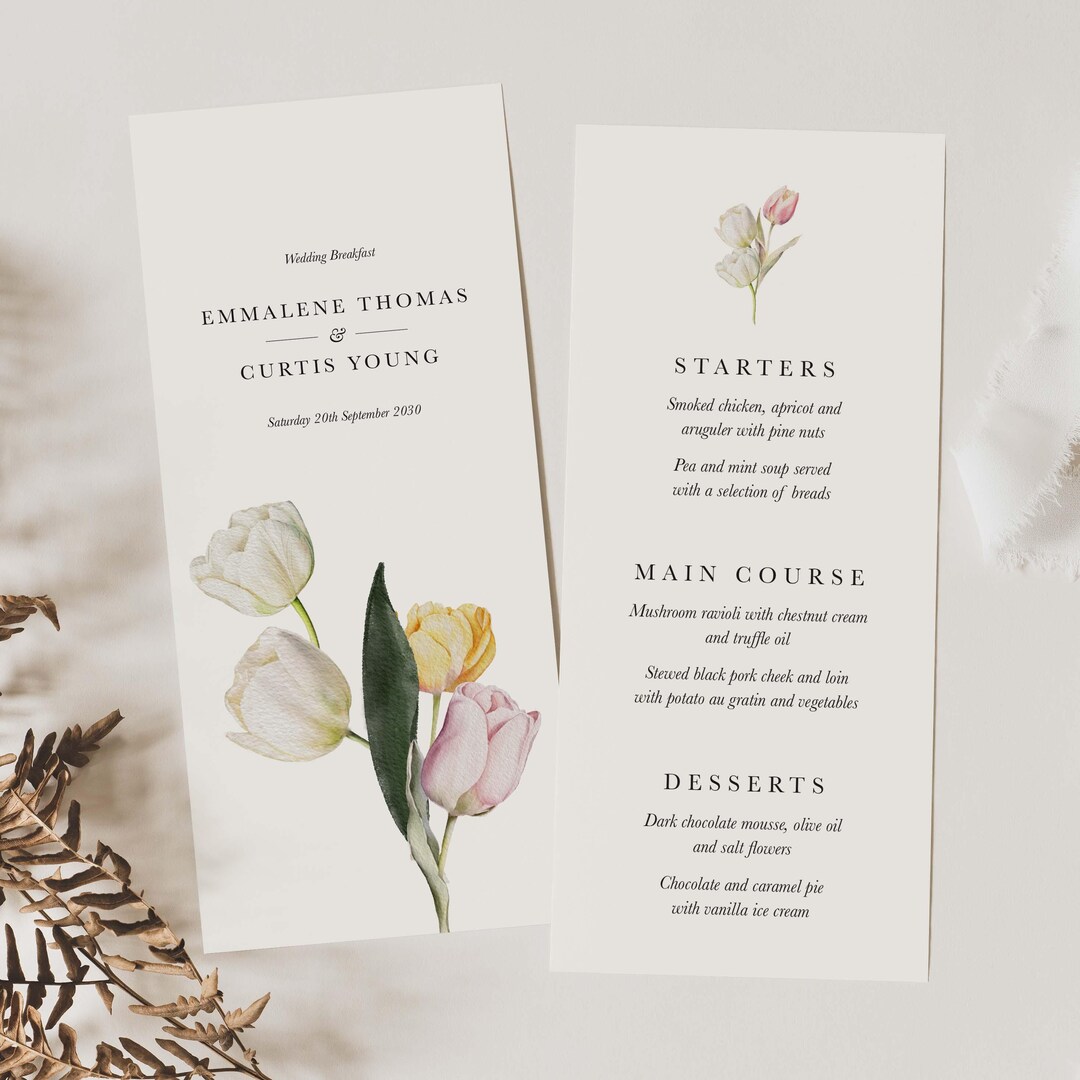 Tulip Wedding Menu Card, Blush Pink Floral Wedding Menu, Elegant Spring ...