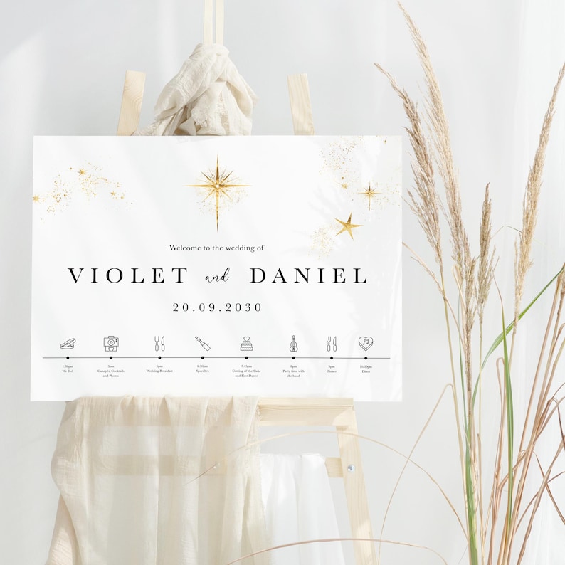 Printed Gold Star Wedding Welcome Sign, Personalised Star Wedding Order ...