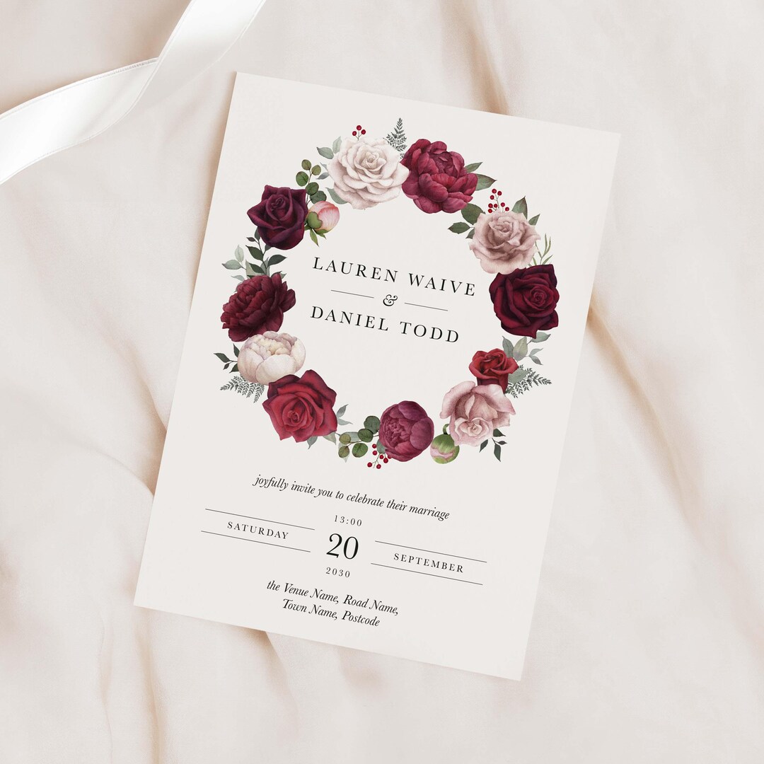 Burgundy Floral Wedding Invitation, Red Romantic Botanical Wedding ...
