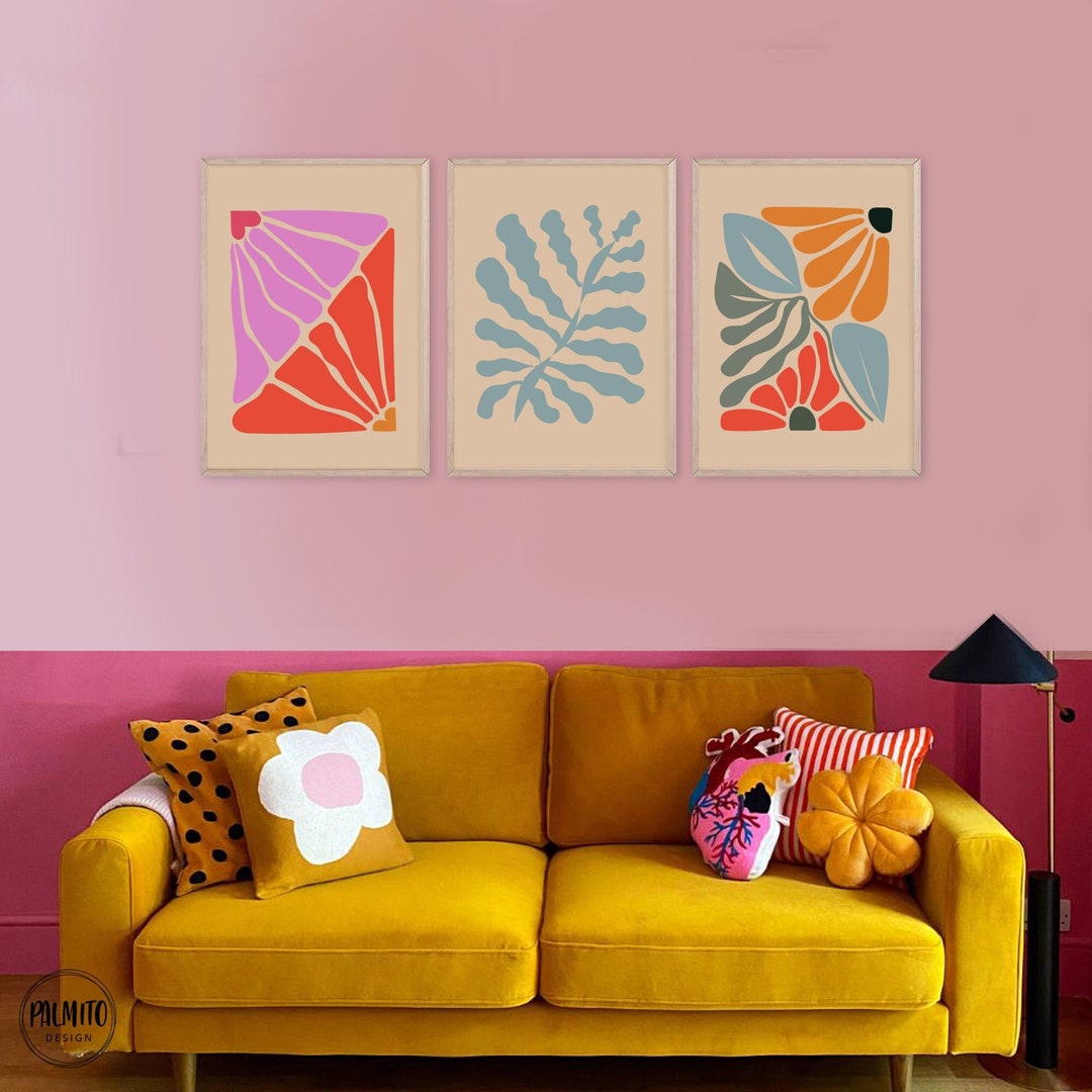 Bunte Wandkunst, 3 Stück Wandkunst, leuchtende Wandkunst, druckbare maximalistische Wandkunst ...