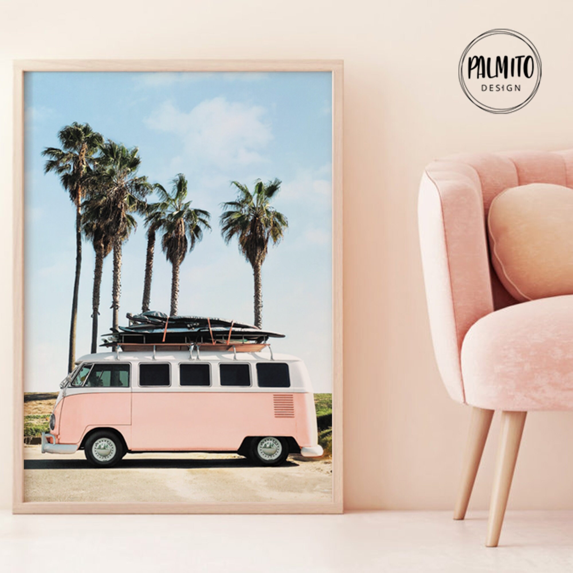 Pink Vintage Van Pink Bus Print Coastal Printable Wall Art - Etsy