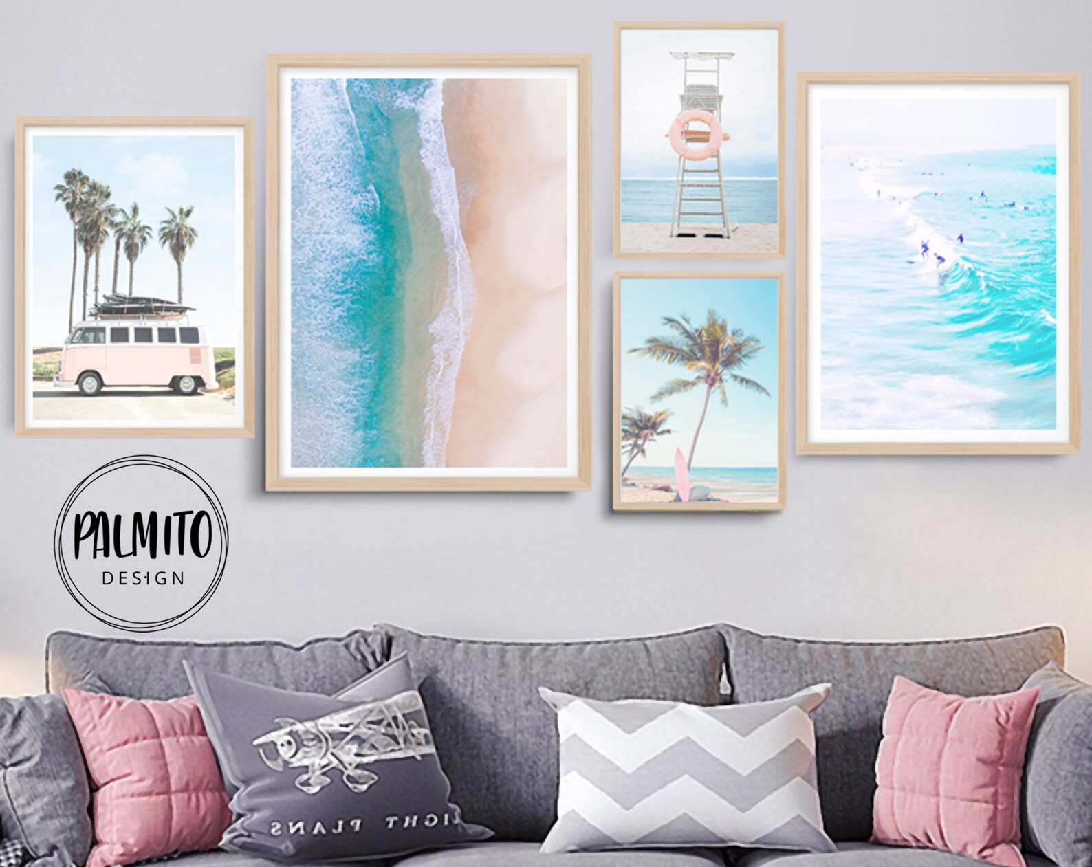 Set of 5 Coastal Printable Wall Art Pink Beach Prints Surf - Etsy