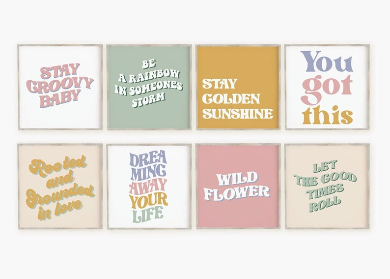 Set of 8 Square Retro Pastel Quotes Gallery Wall Decor Pastel | Etsy