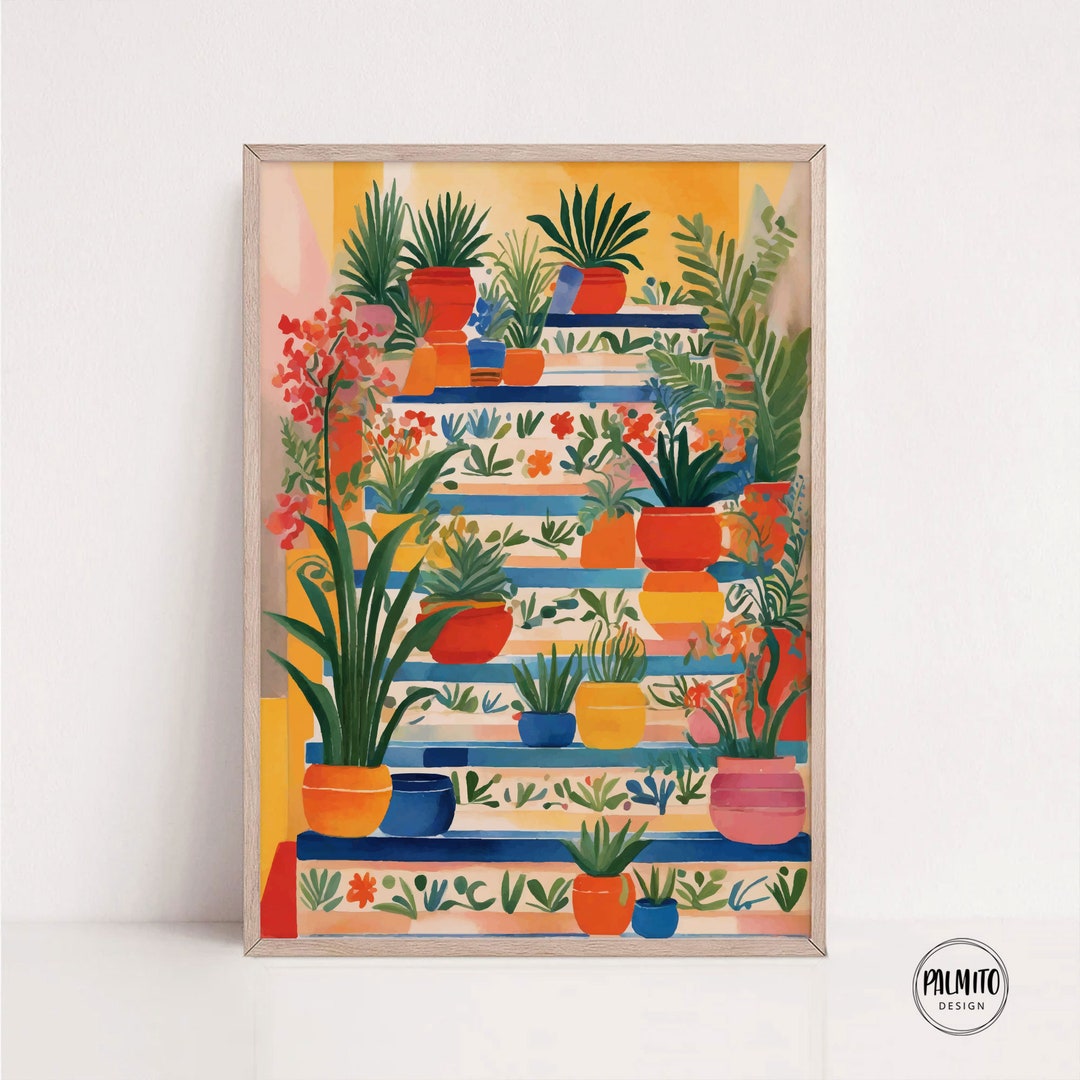 Vibrant Mediterranean Staircase Print, Colorful Wall Art With Ornaments ...