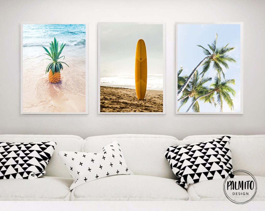 Beach Printable Wall Art Set, Pineapple Print, Surfboard Print, Palms ...