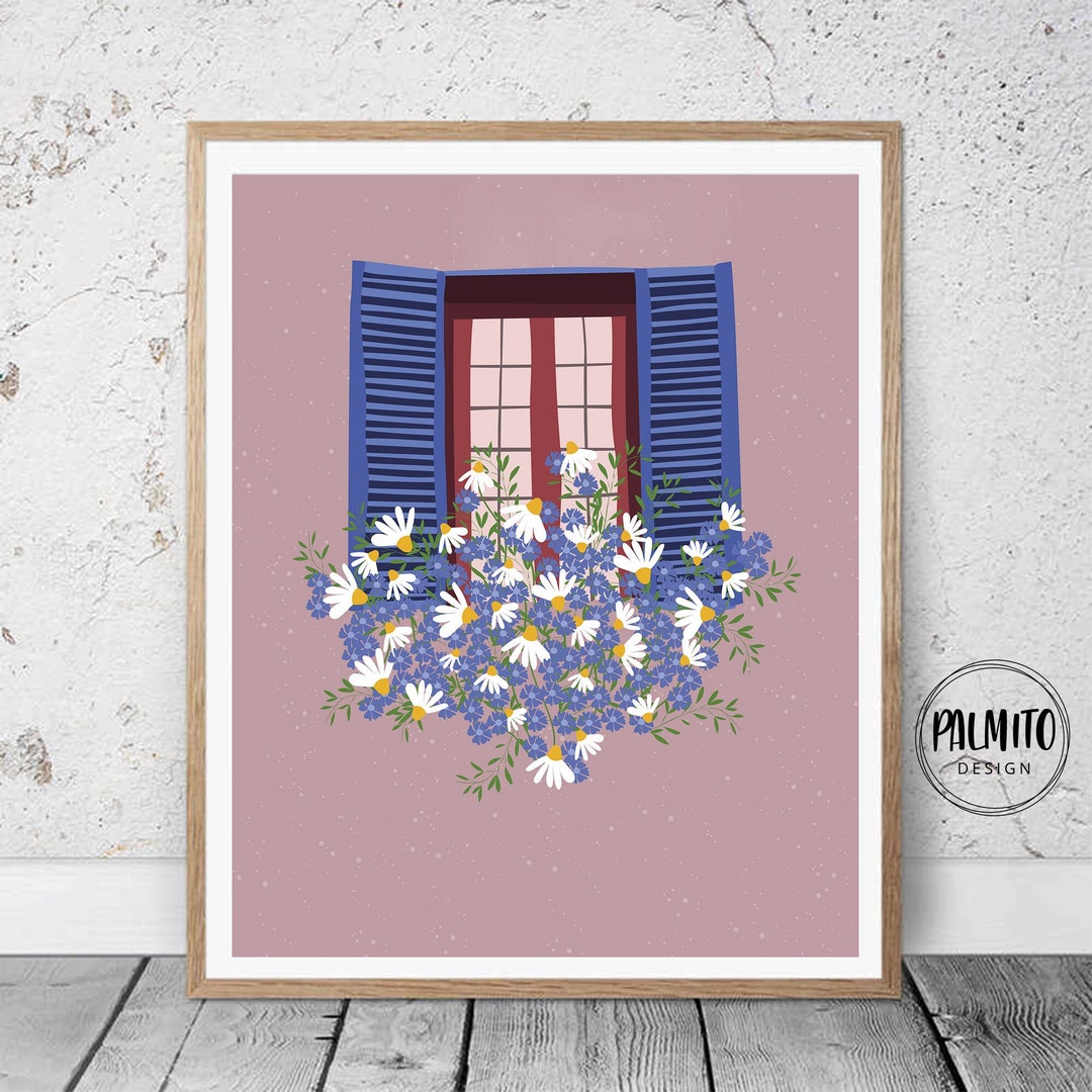Open Window Wall Art, Blue and Pink Botanical Print, Eclectic Wall Art ...