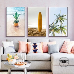 Beach Printable Wall Art Set, Pineapple Print, Surfboard Print, Palms ...