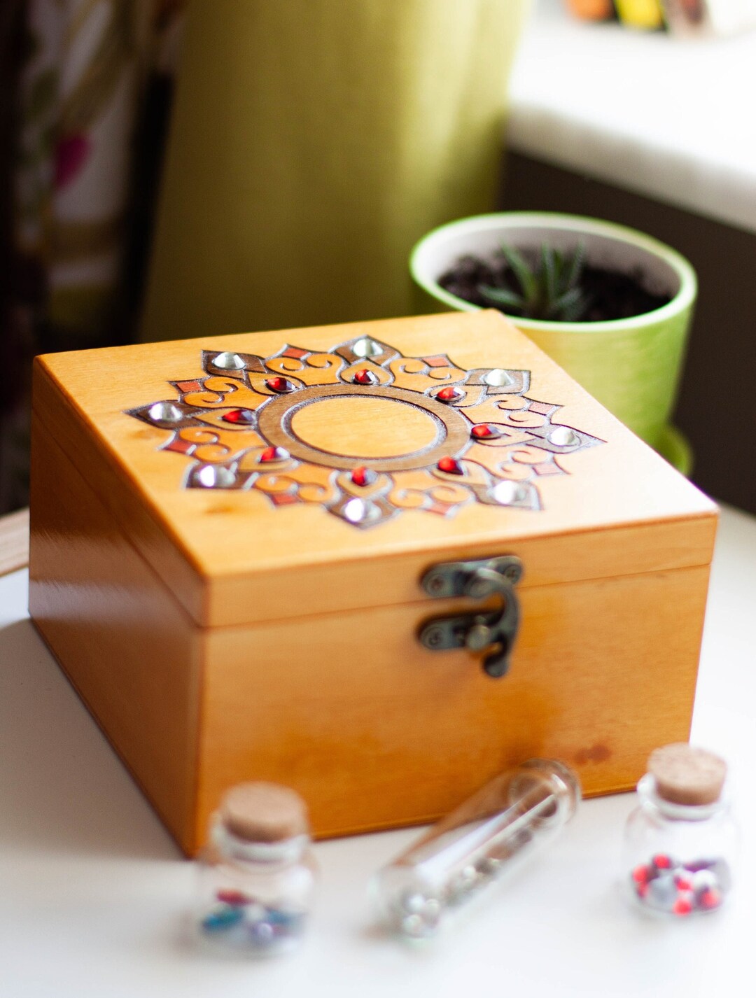 Wooden Box With Flower Mandala and Glass Stones on the Lid, Medium Size ...