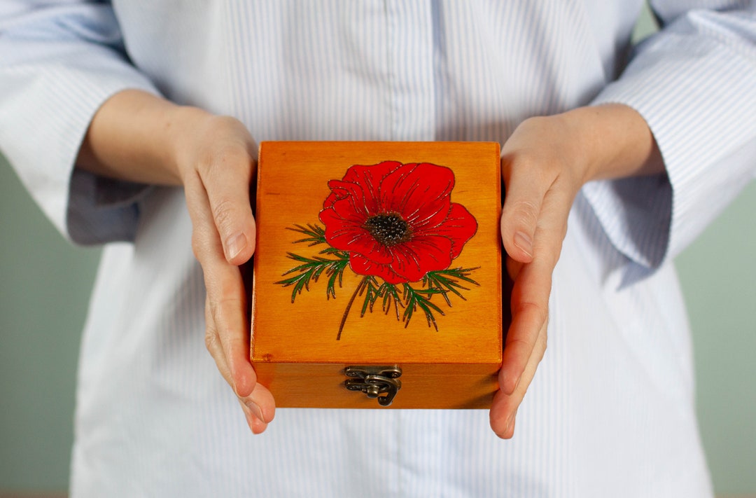 Wooden Box With Poppy Flower Painted on the Lid, Stash Box, Keepsake ...